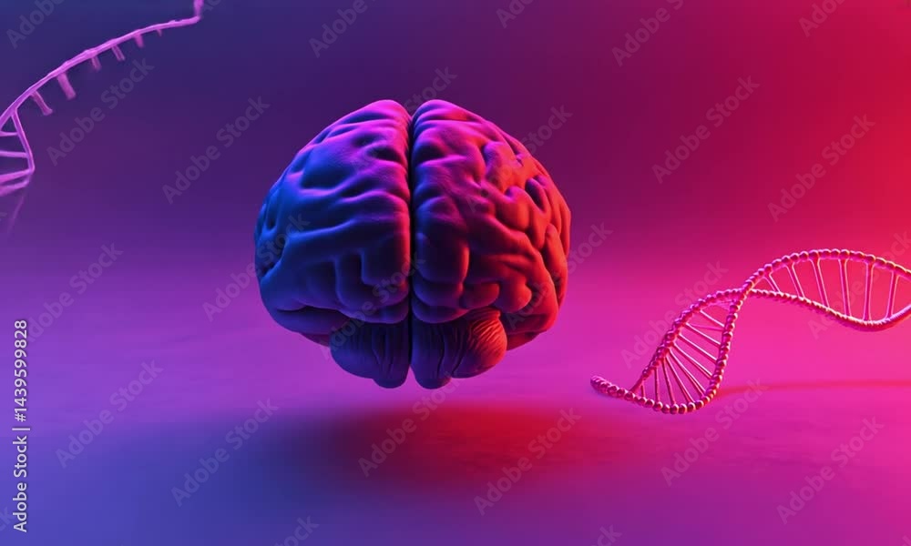 Rotating 3D brain with glowing neural pathways and DNA helix on red ...