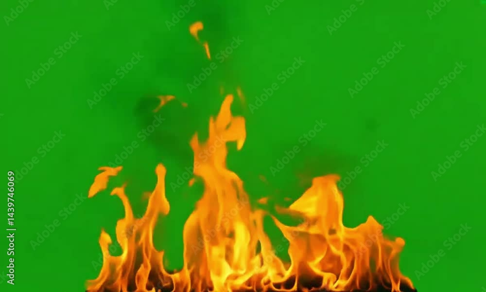 Realistic fire effect with blazing flames rising on an isolated green ...