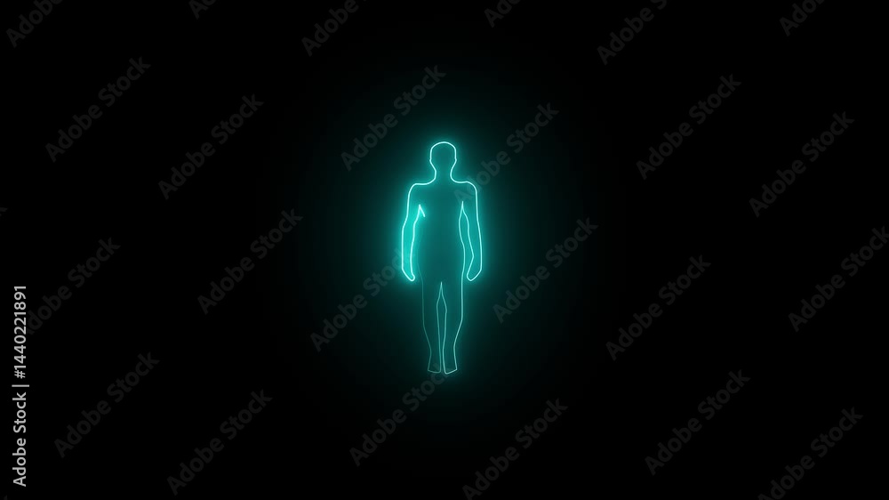 Man animation by blue color neon icon. male body blue x-ray scan with ...
