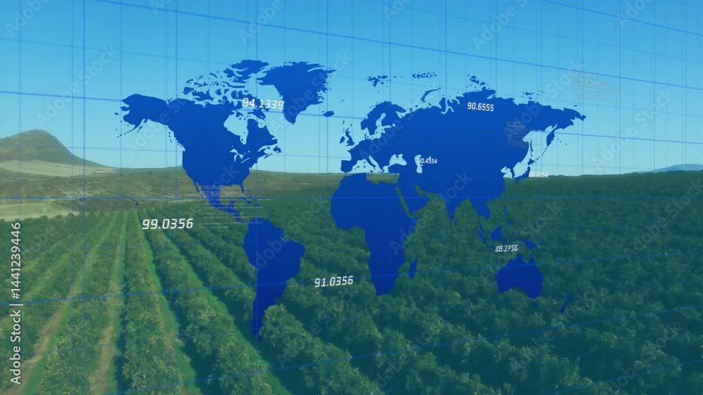 Blue digital world map overlay showing vineyard metrics over grid with ...
