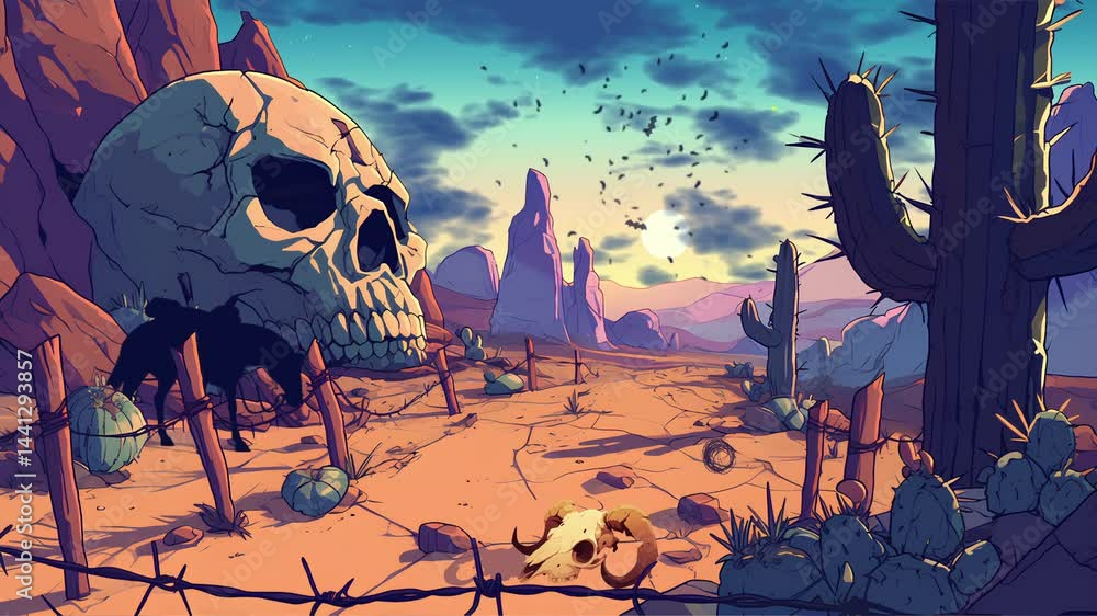 4K animated wild west landscape with giant skull, crows, cowboy horse ...