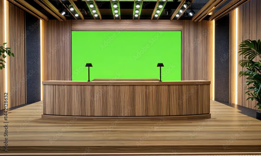 Modern Television Studio Set Design with Green Screen and Wooden ...