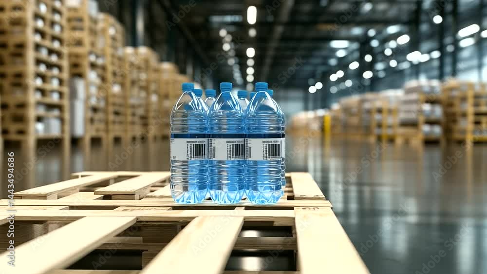 Modern distribution center with water bottles on wooden pallets ...