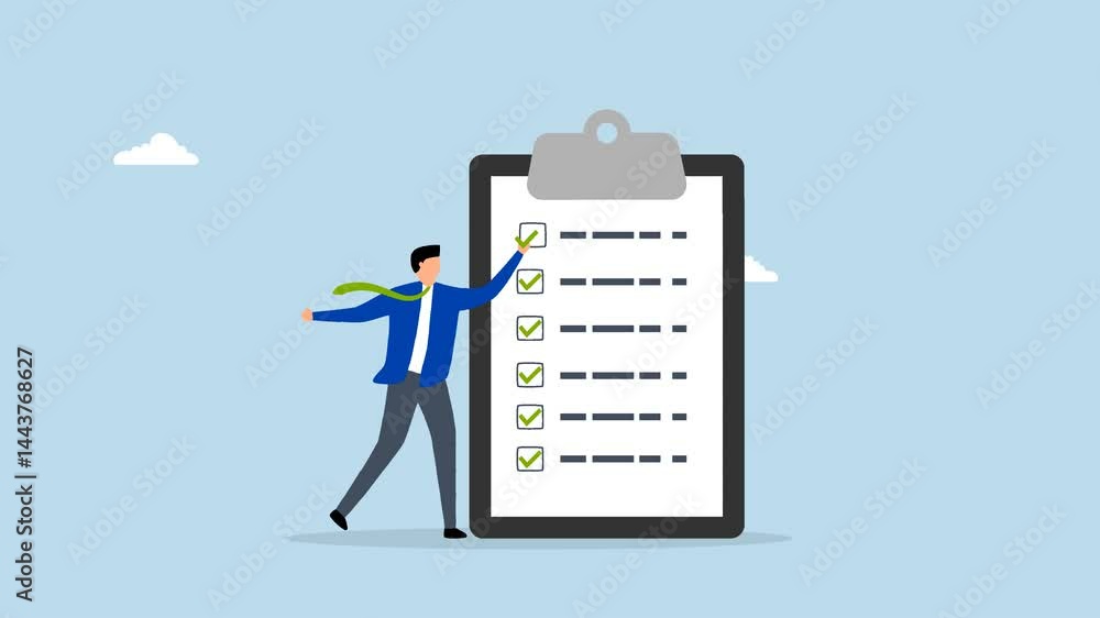Complete checklist, 4k animation of businessman marks check on finished ...