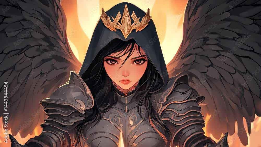 A stunning black angel girl dons plate armor and a hood, wielding a ...