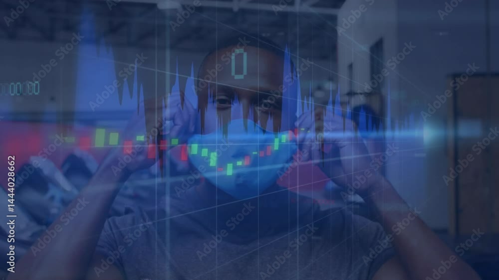 Gym-goer adjusting mask straps, financial technology chart overlays ...