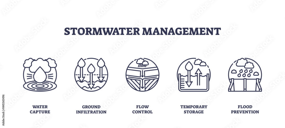 Poster Stormwater management depicted with icons for water capture ...