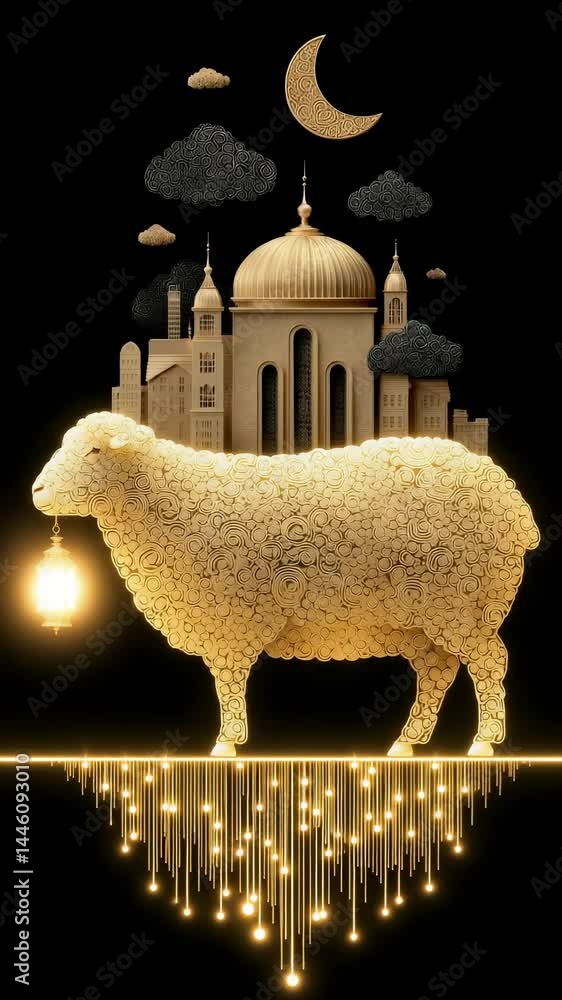Happy Eid al-Adha: crescent moon, Fanus lantern, sacred sheep, festive ...