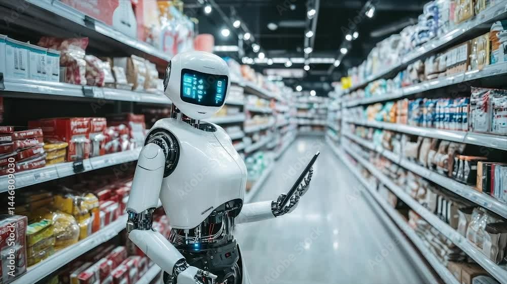 Automated grocery shopping. A robot navigates a supermarket aisle ...