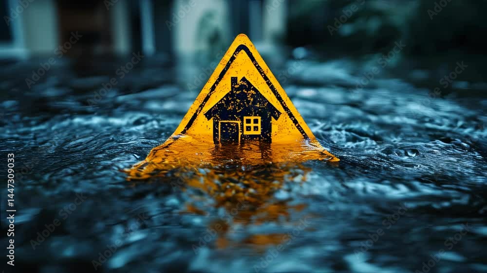 Flood alert symbol: A yellow triangle with an icon of a house submerged ...