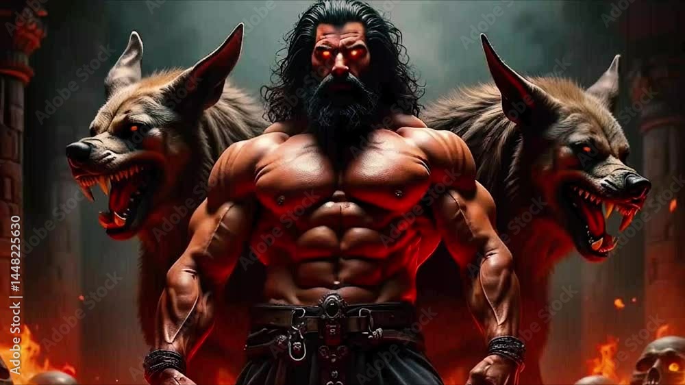 Stockvideo An epic depiction of the Greek god Hades, seated on his ...