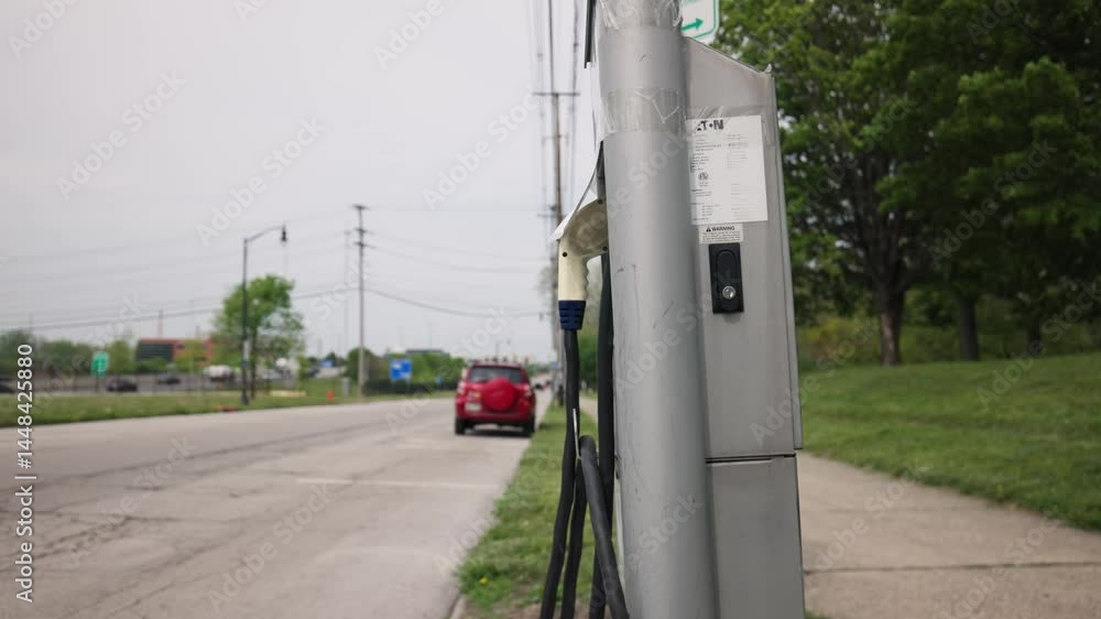 Closed and blocked off electric car charging station alone city park ...