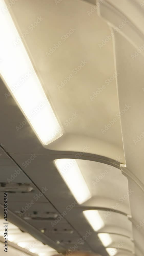 Vertical video. Steam Emitting from Vents in Airplane Ceiling from ...