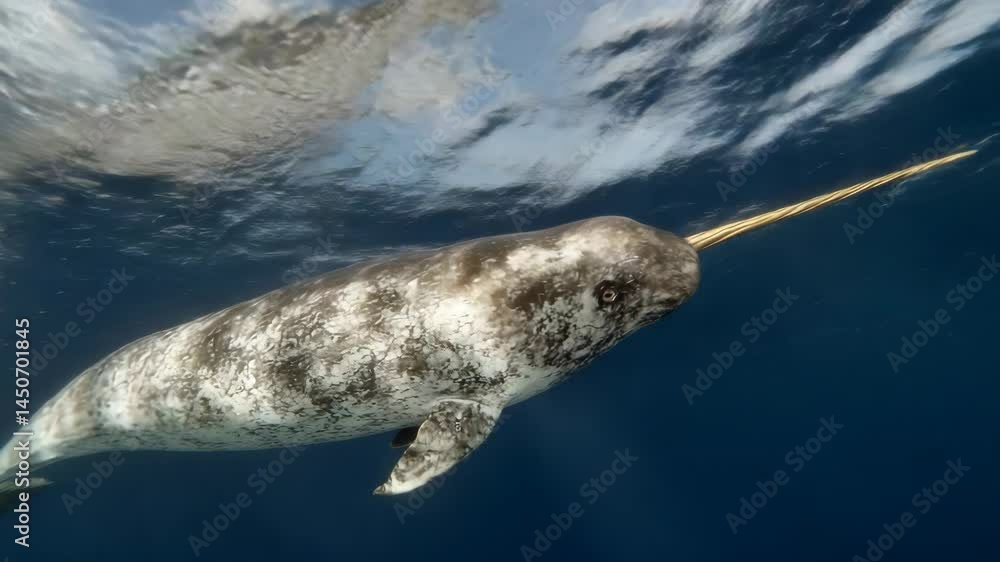 Narwhal with long tusk swimming underwater in blue ocean, sunlight ...