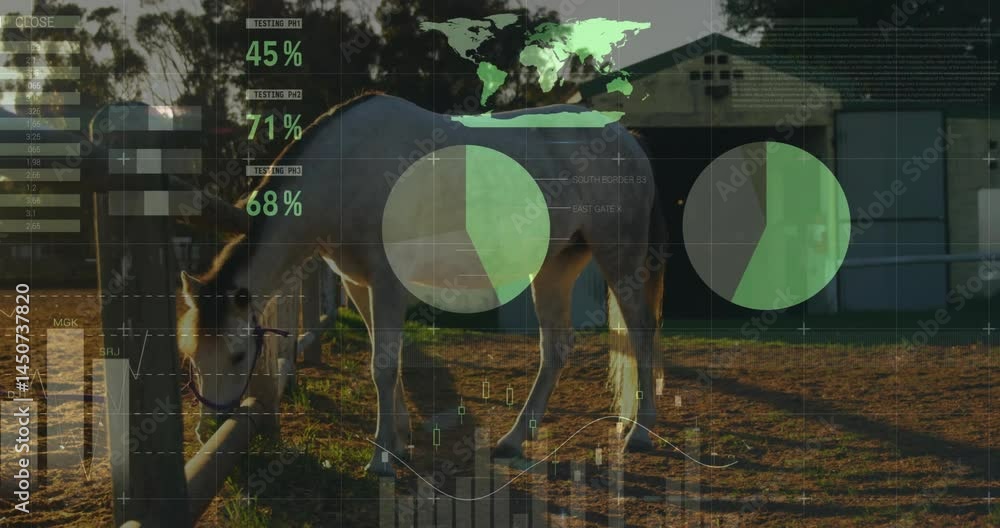 Grazing brown white horse using farm data dashboard with world map pie ...