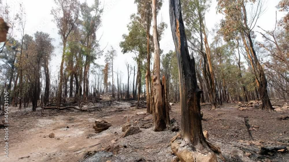 Scorched forest landscape shows devastation of wildfires, trees with ...