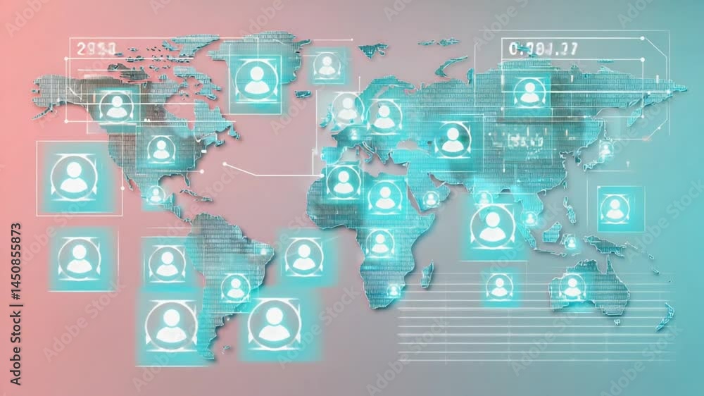 world map transparent clock faces, avatars time zones, digital screens ...