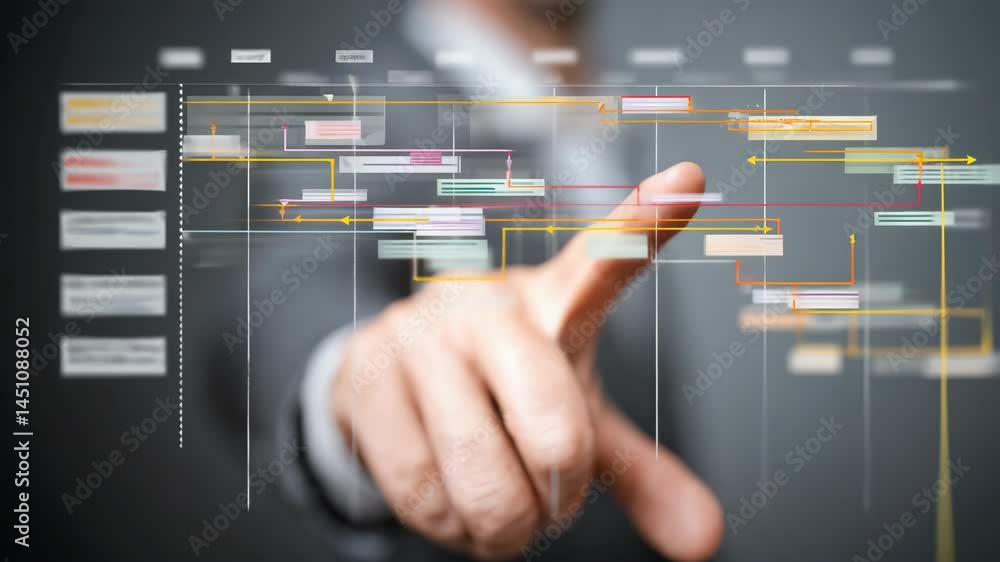 Close-up of person in suit pointing at business process schedule on ...