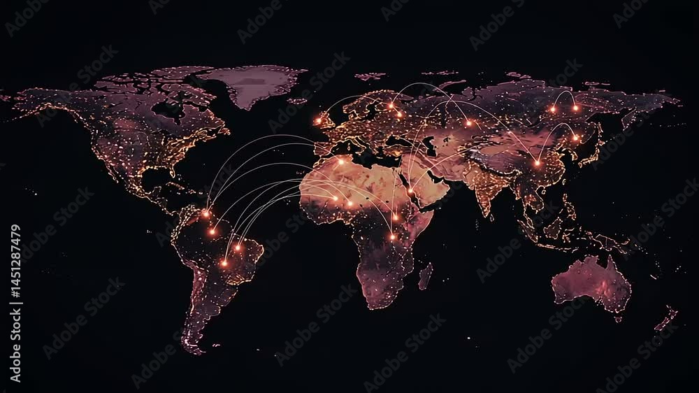 A detailed world map showcasing global connections with illuminated ...