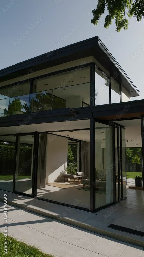Modern house exterior with large glass windows, captured from a low ...