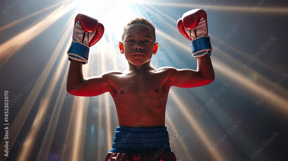 African American boy in boxing gloves raising arms in victory pose ...