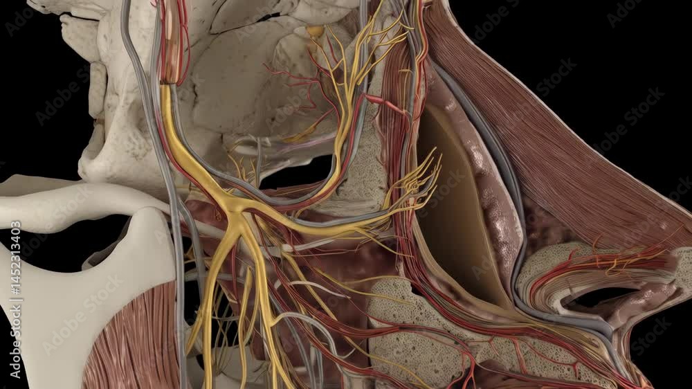 Anatomical model of the human neck showing muscles, nerves, blood ...