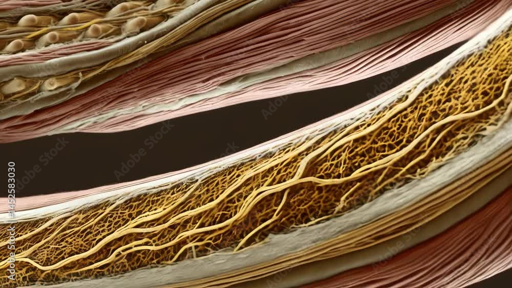 Detailed microscopic view of fibrous tissue showing muscle fibers ...