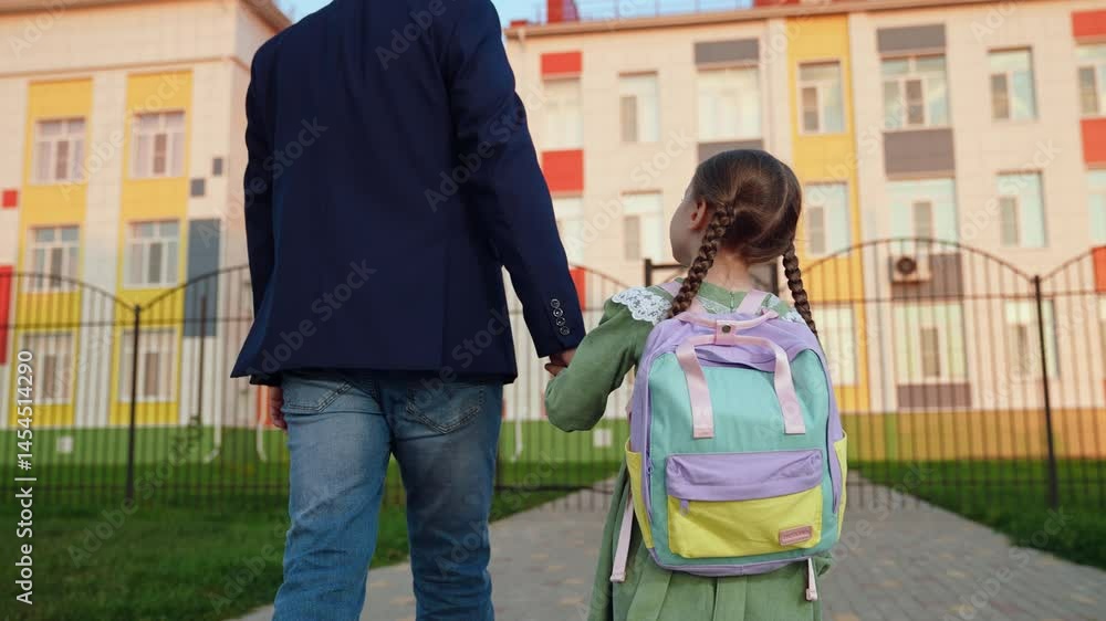 small child hand father hand. father leads child daughter hand school ...