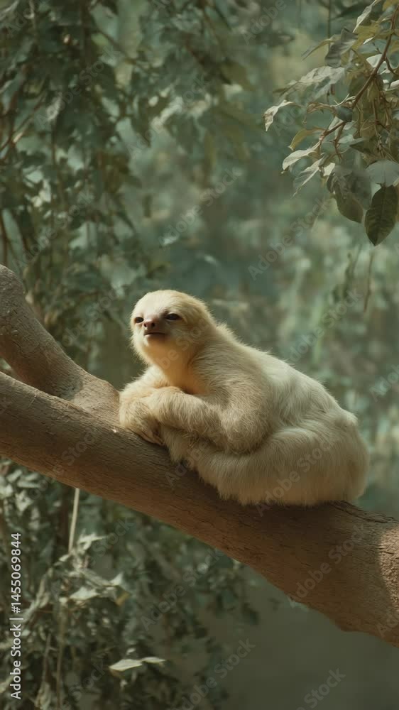 Resting two-toed sloth perched comfortably on a branch in a leafy ...