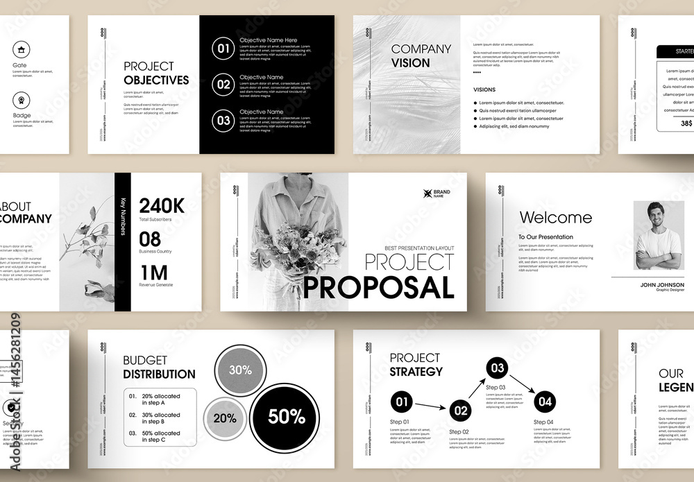 Classic Black And White Project Proposal Presentation Layout สต็อกเทมเพลต | Adobe Stock