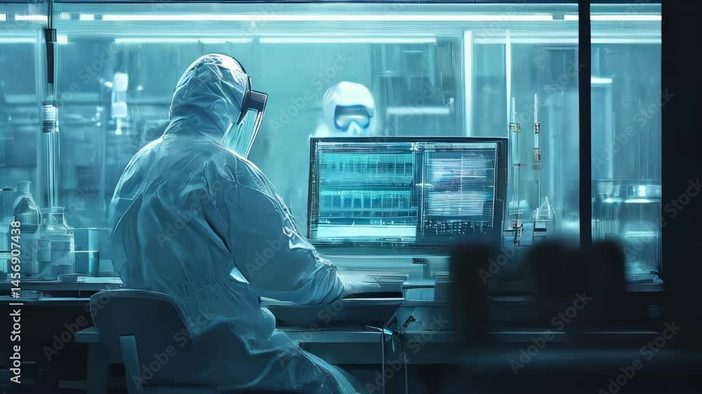 video of scientist in a protective suit working inside a high-security ...