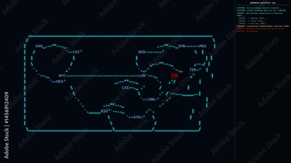 Neon ASCII world map interface simulating global network access. Nodes ...