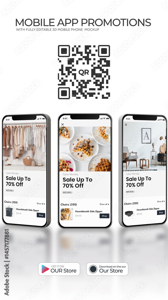 3D Mobile Phones Carousel for Mobile App Promo Stock Template | Adobe Stock
