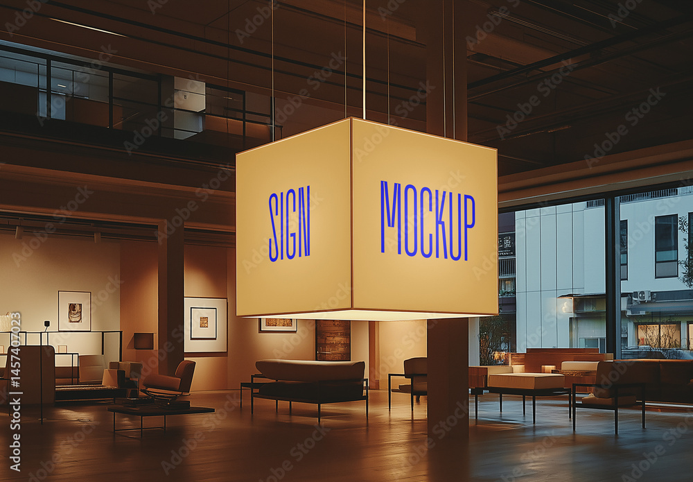 Hanging Cube Sign Mockup – Illuminated Indoor Branding Display for ...