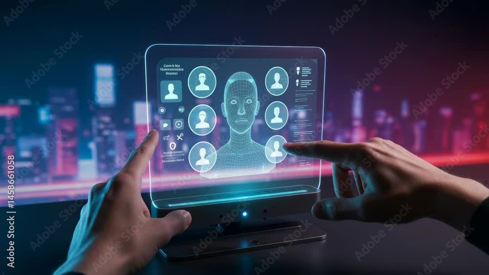 Futuristic Holographic Interface - Two hands interact with a transparent holographic display ...