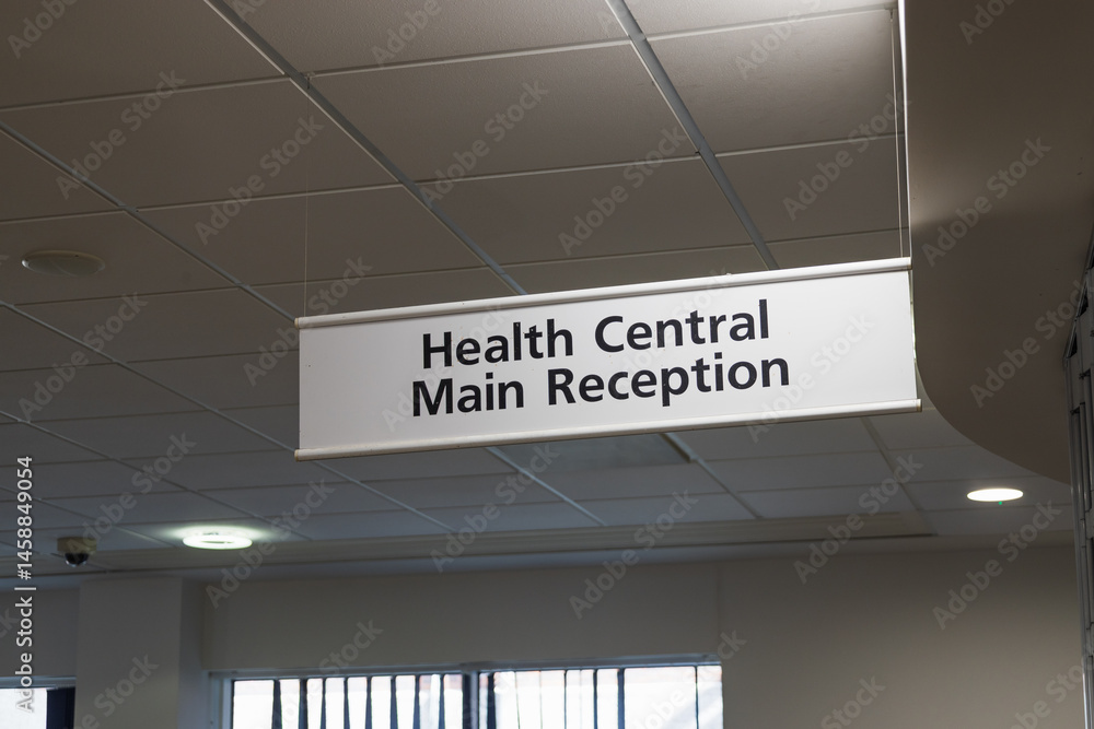 Poster Health Central main reception sign hanging in modern healthcare ...