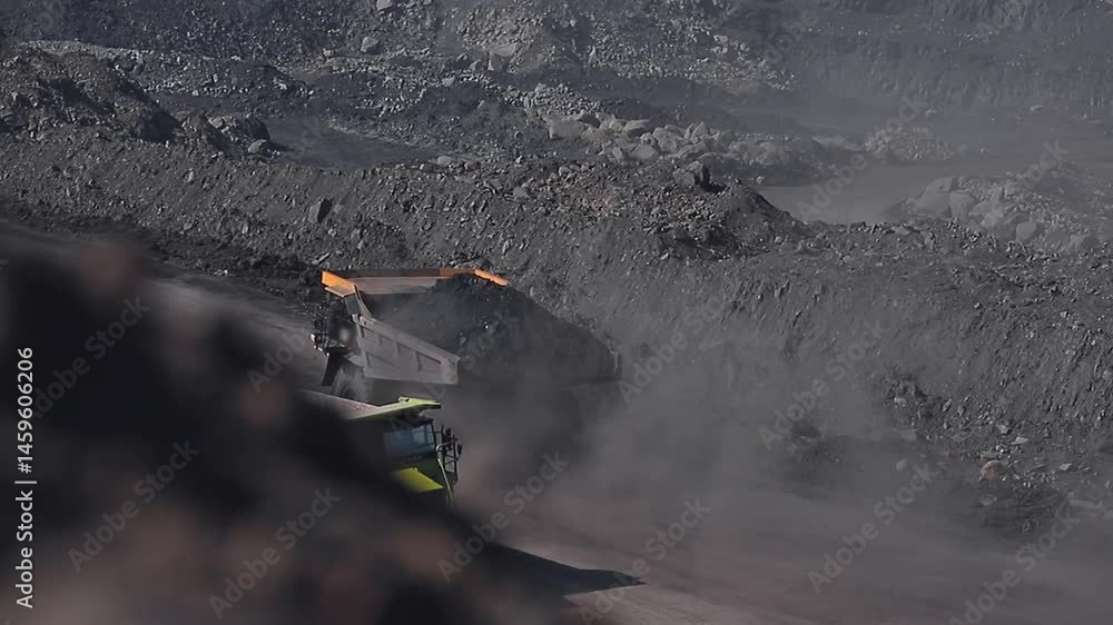 Heavy machinery excavating coal in vast open pit mine with dust and ...