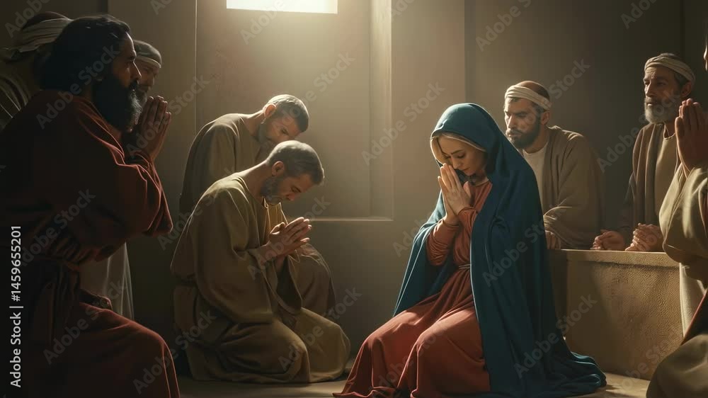 Virgin Mary and the Apostles in prayer during the Descent of the Holy ...