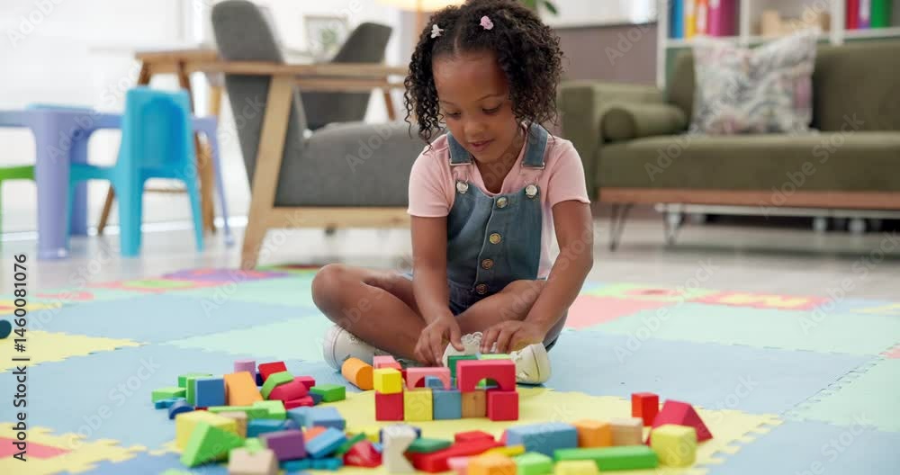 Building blocks, playing and kid on floor in house for cognitive ...