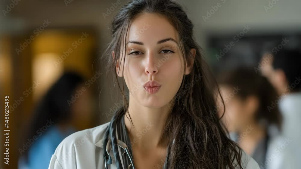 Attractive female physician, wearing a lab coat and stethoscope, makes ...
