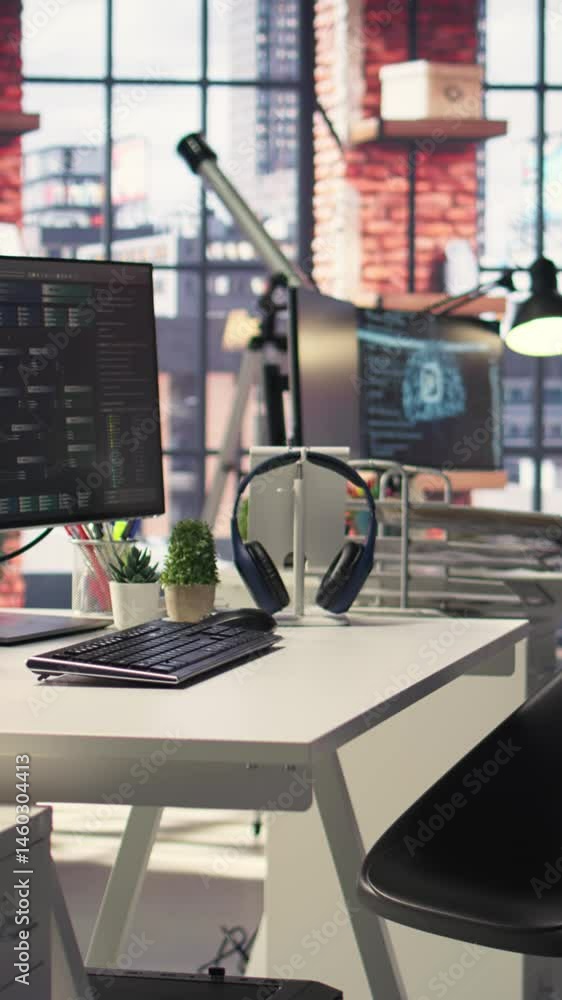 Vertical Video Modern desktop setup in an IT agency shows a visual ...