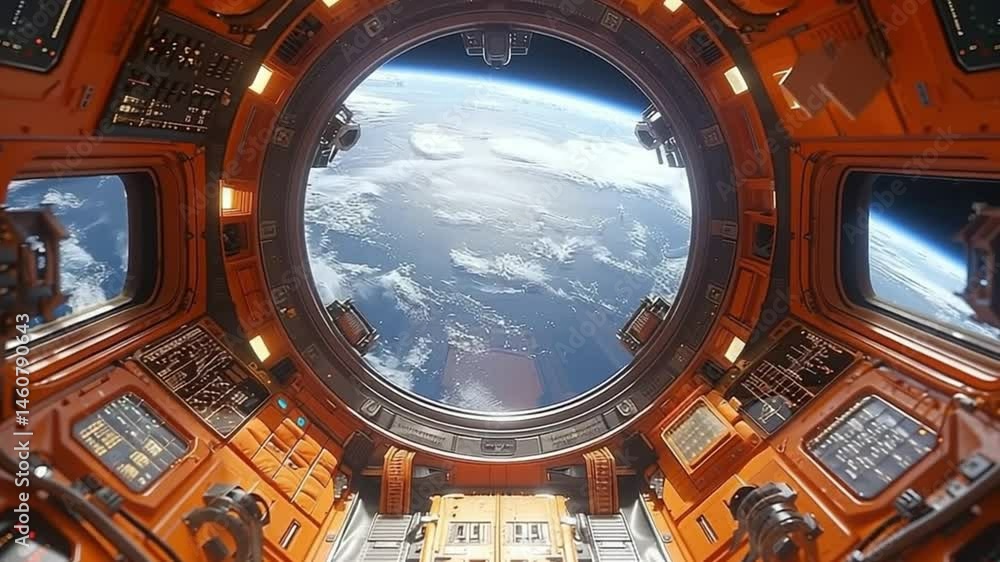 Spaceship cockpit view looking at Earth from orbit in sci-fi interior ...