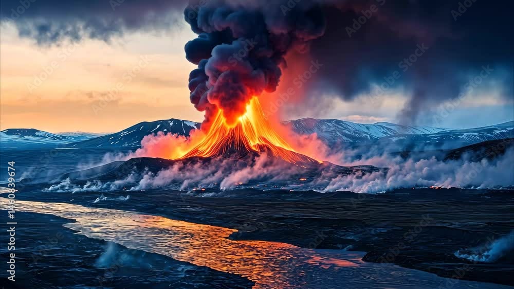 Volcanic eruption illuminates calm Icelandic valley during dawn hours ...