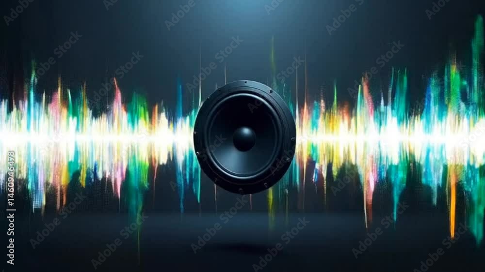 3D speaker with colorful sound waves emanating from it, seamless ...