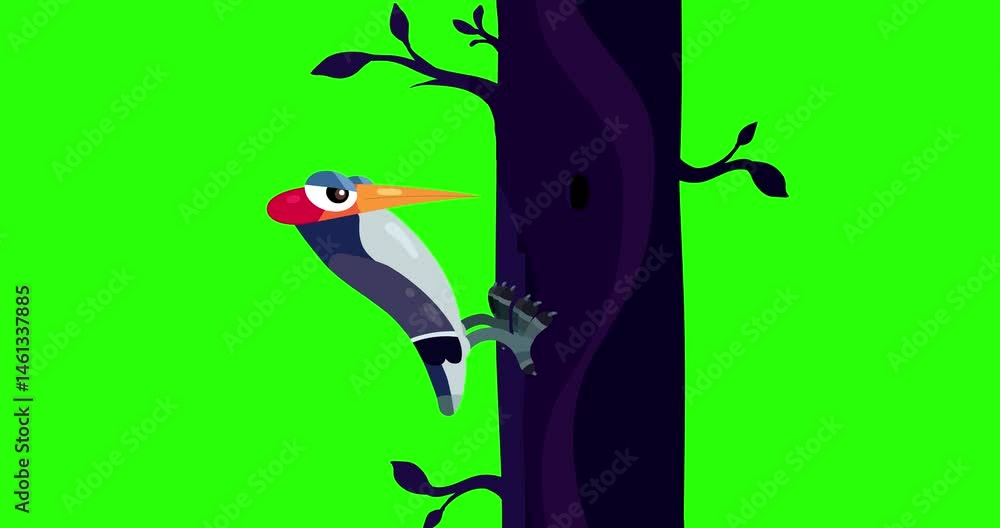 Woodpecker cartoon character pecking tree bird loop animation greenbox ...