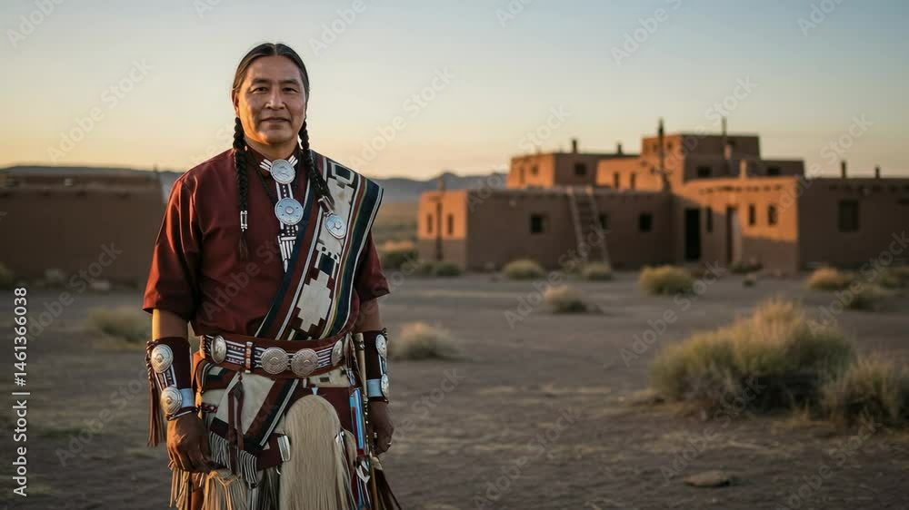 Indigenous American man in traditional attire standing proudly in front ...