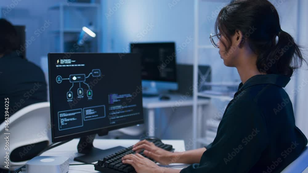 Focused Female Developer Typing Prompt Engineering for a Custom AI ...