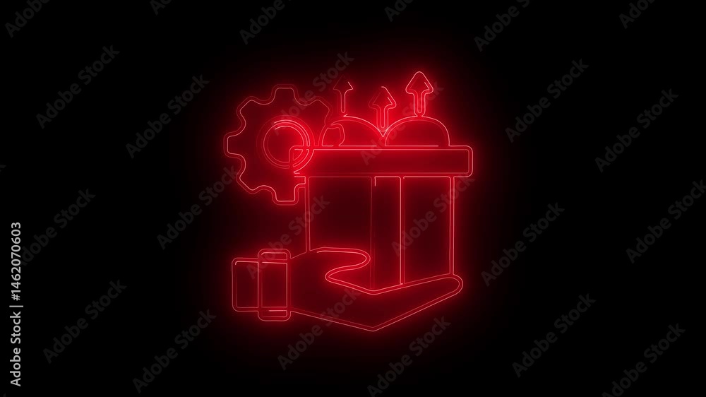 a glowing blue neon outline of a 3D printer. The depiction shows the ...