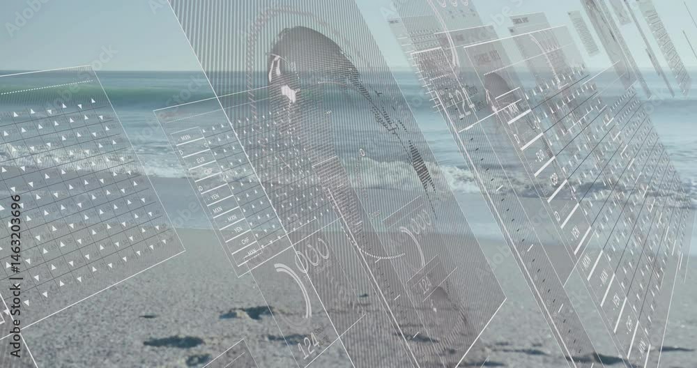 Semi-transparent 3D UI panels floating above beach, displaying live currency charts and world ...