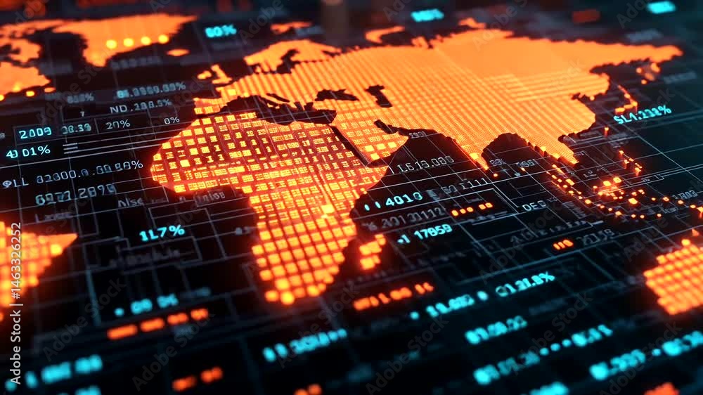 Global data visualization with dynamic world map overlaying numeric ...